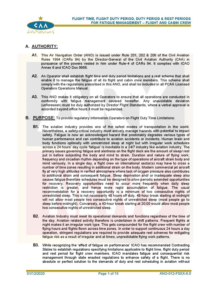 ANO: CAA defines flight, duty period, rest scheme of pilots and cabin crew
