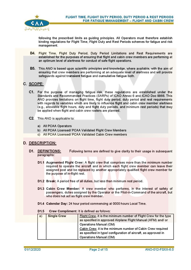 ANO: CAA defines flight, duty period, rest scheme of pilots and cabin crew