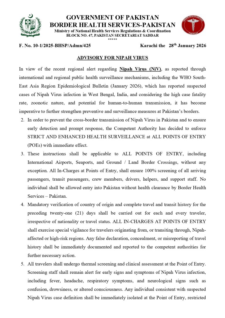 Nipah Virus: Pakistan Steps Up Precautions After WHO Warning