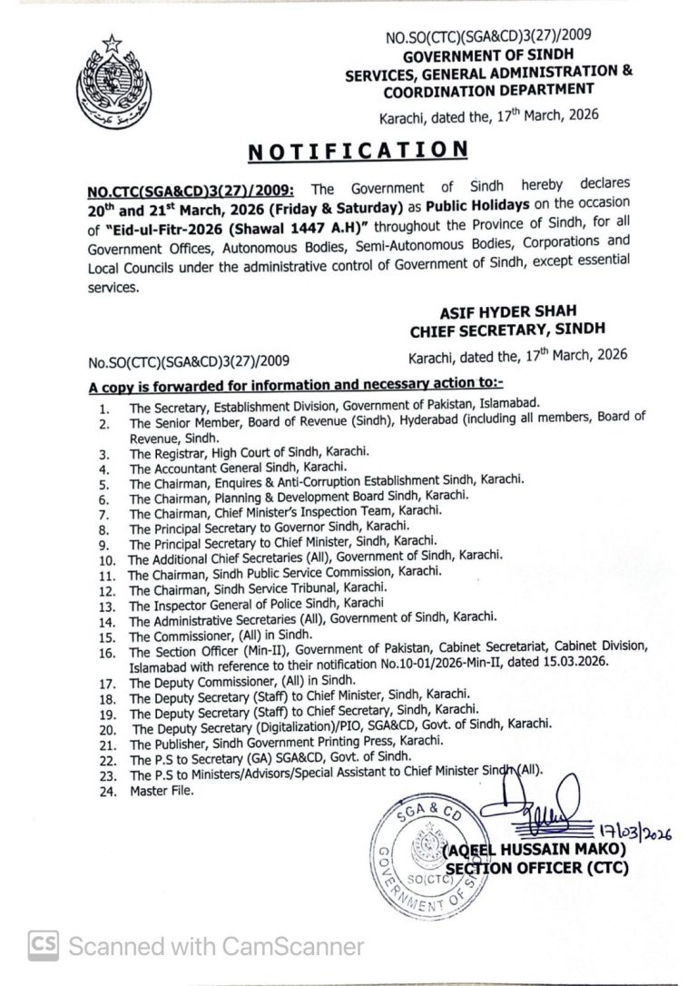 Eid-ul-Fitr 2026 Holidays Announced in Sindh